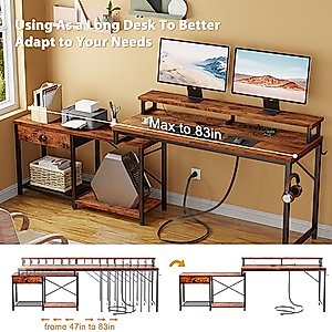 Furologee L Shaped Computer Desk with Drawer, Reversible Corner Desk/83 Long Desk with LED Lights & Power Outlets, Home Office Gaming Table with 2 Shelves and Monitor Stand-(47.2+39.4) in