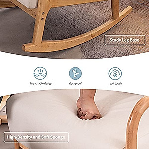 YOLENY Fabric Rocking Chair,Mid-Century Glider Rocker with Padded Seat, with Ottoman,Seat Wood Base,Linen Accent Chair for Living Room,New Beige