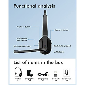 ASIAMENG Bluetooth Headset with Microphone(AI Noise Cancelling) USB Dongle, Trucker Wireless Headset with Mute Key Charging Stand 50H Talk Time Headset for Computer PC Laptop Cell Phones Home Office