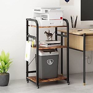 LAITIMIA 3 Tier Mobile Printer Stand with Storage Shelves Folding Paper Shredder Stand Heavy Duty Laser Printer Table on Wheels CPU Tower Stand Home Office Printer Cart Kitchen Organizer Rustic Brown