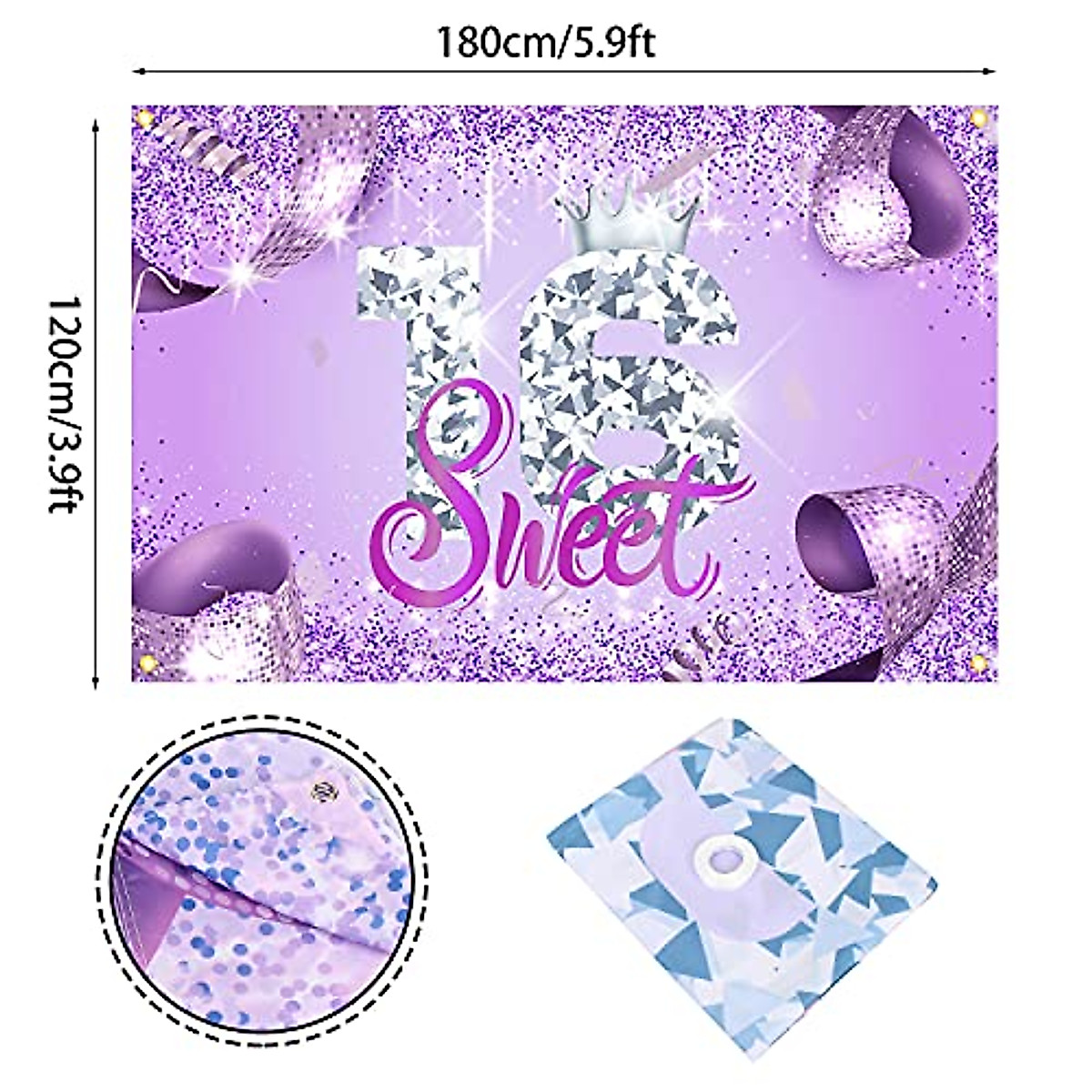 Happy 16th Birthday Banner Backdrop Sweet 16 Years Old Queen Purple Background Bday Decorations for Girls Women Photography Party Supplies Glitter