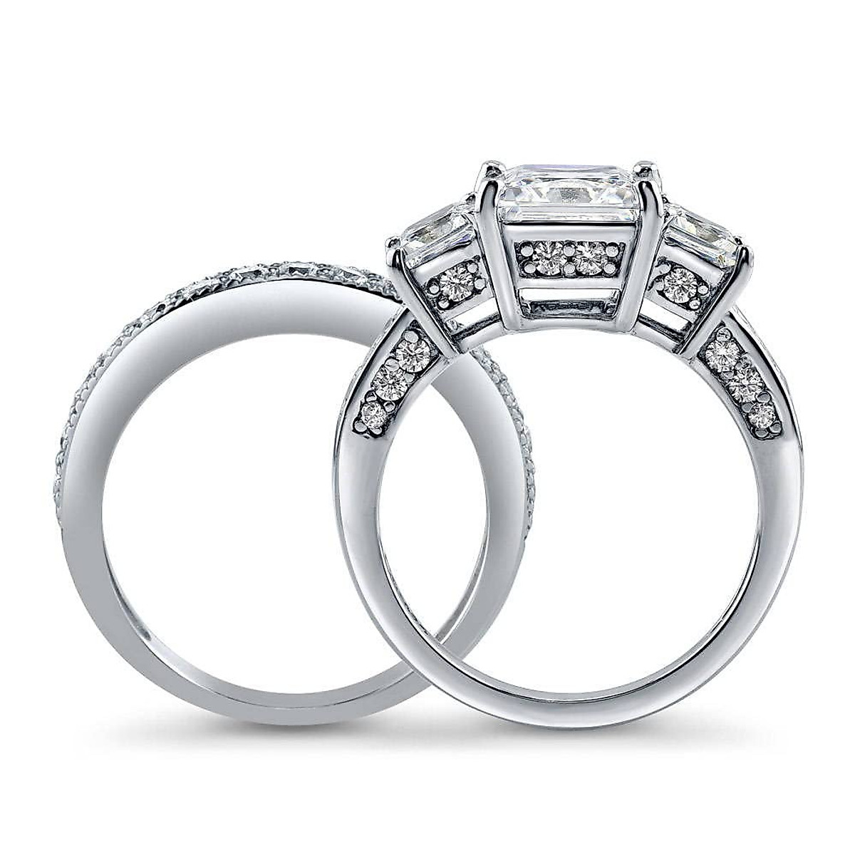 BERRICLE Sterling Silver 3-Stone Wedding Engagement Rings Princess Cut Cubic Zirconia CZ Ring Set for Women, Rhodium Plated Size 10