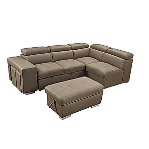 THSUPER 104'' Sectional Sleeper Sofa with Pull Out Bed and Storage Chaise Ottoman, L Shaped Sectional Couch with Reclining Headrest and Stools for Living Room, Microfiber Upholstered - Light Brown