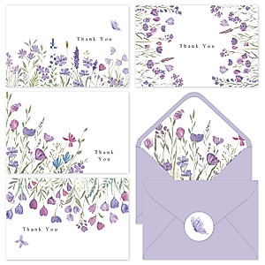 Whaline 32 Pack Purple Floral Thank You Cards Wildflower Greeting Cards with Envelopes Stickers Blank Note Cards for Wedding Bridal Baby Shower Birthday, 4 x 6 Inch
