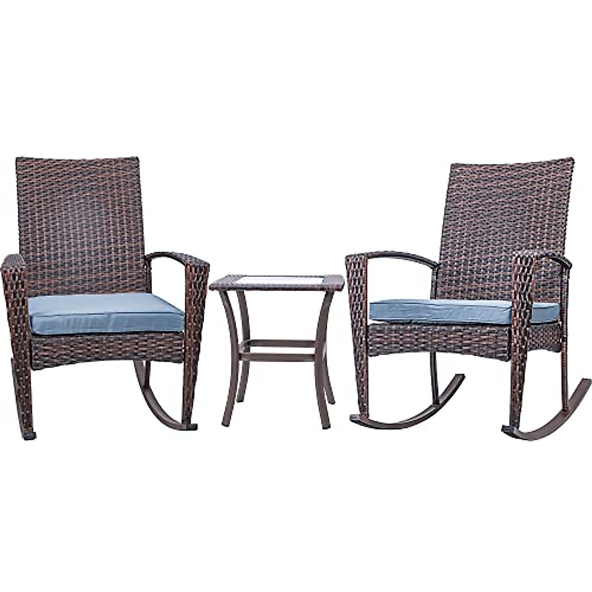 3 Piece Wicker Patio Furniture Sets, Outdoor Wicker Rocking Chairs Patio Bistro Set, Rattan Chairs Patio Furniture Set for Porch Lawn Poolside Backyard with Glass Coffee Table, Brown and Grey
