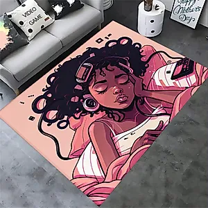 African American Black Girl Area Rug,Magic Girl Cartoon Rug for Teen Girls' Room,Non-Slip Area Carpet,Perfect for Bedroom Decor 36x24in