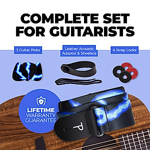 Perri's Leathers Guitar Strap - Bundle - BONUS- 3 Medium 0.71mm Picks, 1 Leather Acoustic Adaptor, 4 Strap Locks & Shoelace… (Blue Lightning)