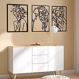 CHENGU 3 Pieces Metal Minimalist Abstract Woman Wall Art Drawing Single Line Female Home Hanging Wall Art Decor for Kitchen Bathroom Living Room (Black, Floral Style)