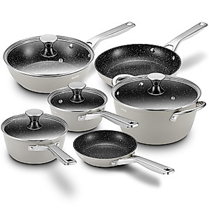 BEZIA Pots and Pans Set Nonstick, Induction Cookware Sets 10 Piece, Compatible with All Stoves, Dishwasher Safe Kitchen Cooking Pan Set with Frying Pans, Saucepans & Stockpot, Grey