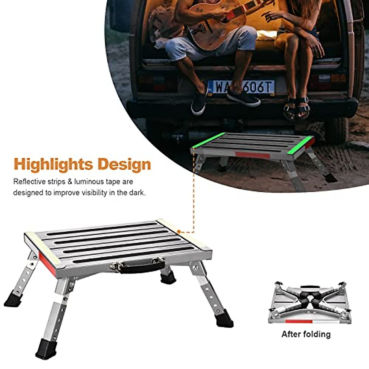 Soctone RV Step, Adjustable Height Folding Platform Step with Non-Slip Rubber Feet, Reflective Strips, Handle and Glow in The Dark Tape, Aluminum Step Stool Can Support Up to 1000lbs
