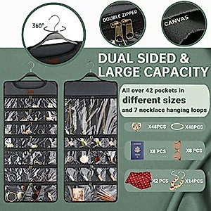 SMRITI Hanging Jewelry Organizer with Dual Zippered Pockets Canvas Double Sided Rotating Hanger Necklace Hanging Wall Organizer Earring Dustproof Holder Wall Mount Accessories Display Bag(Dark Grey)
