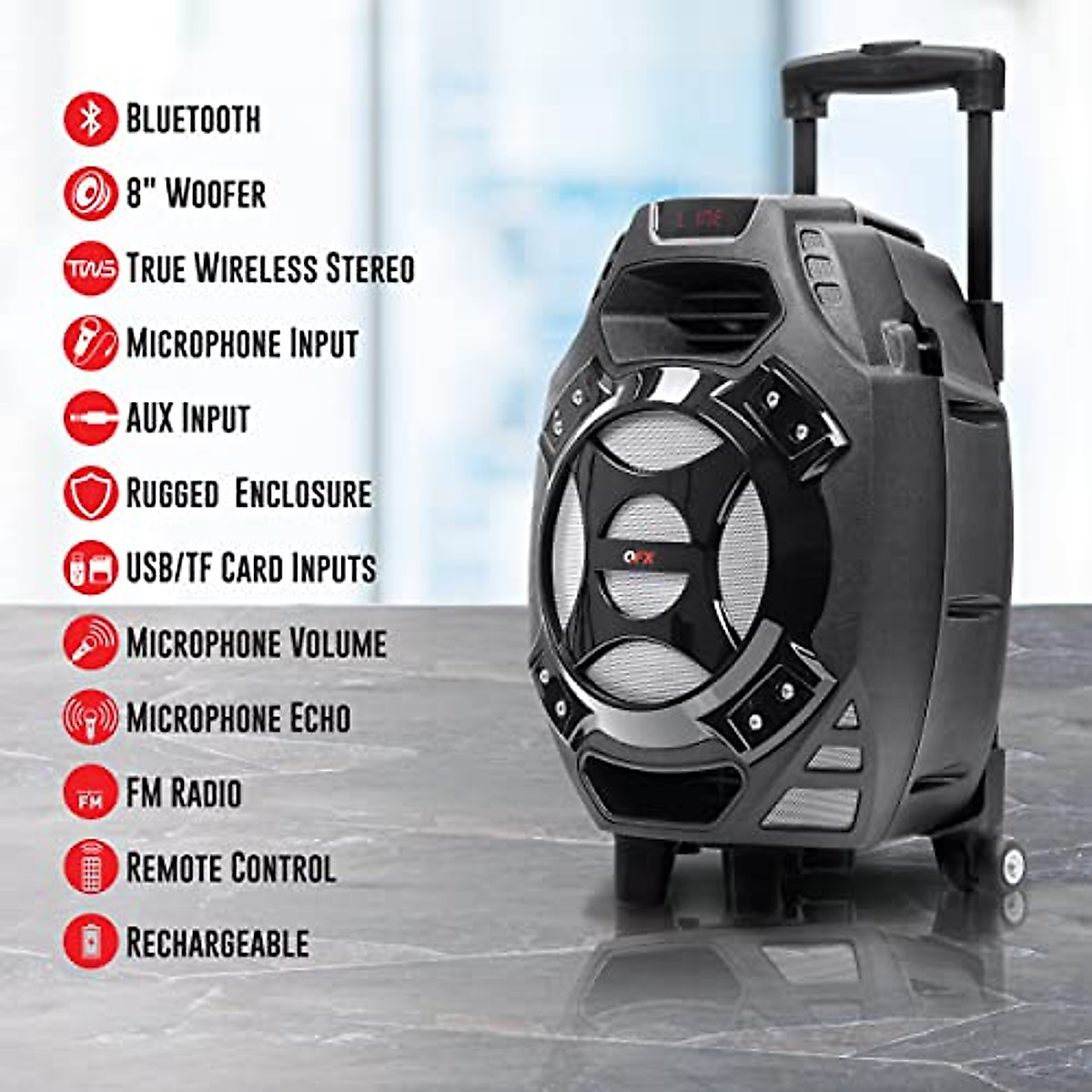 QFX PBX-61081 Rechargeable Portable Speaker | 8" Woofer | 2,600 Watts | Bluetooth, AUX, SD Card, FM Radio | Handle, Wheels, 12 Lbs | Perfect for Tailgating, Indoors, Outdoors Audio | Silver