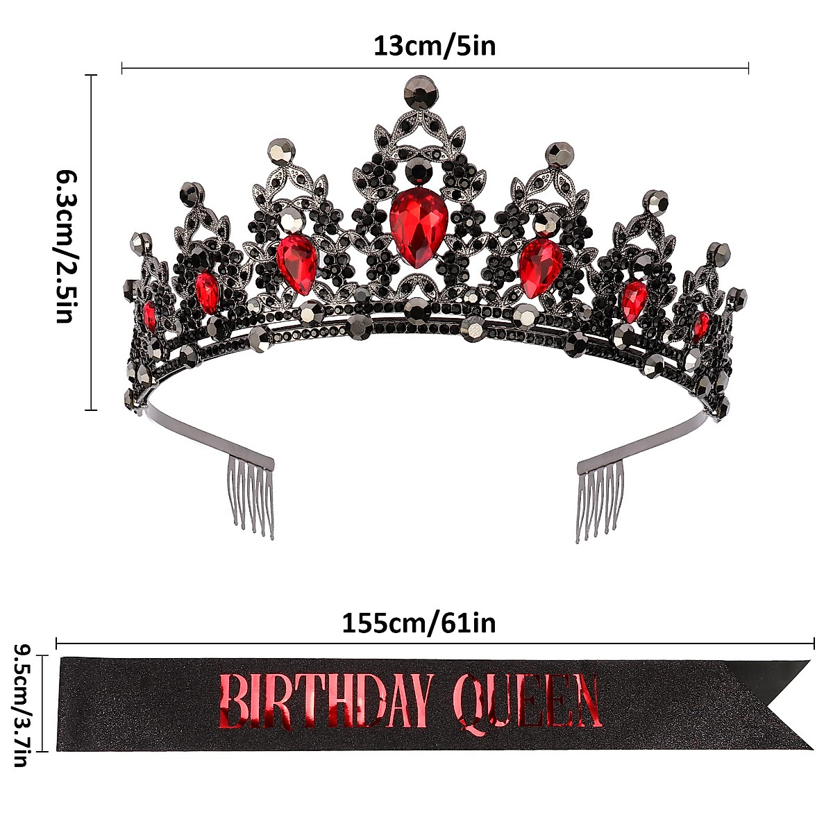 CAVETEE Red Black Birthday Crown and Sash for Women Sash &amp; Rhinestone Tiara Set Red and Black Party Decorations Birthday Queen Crowns Tiaras for Women