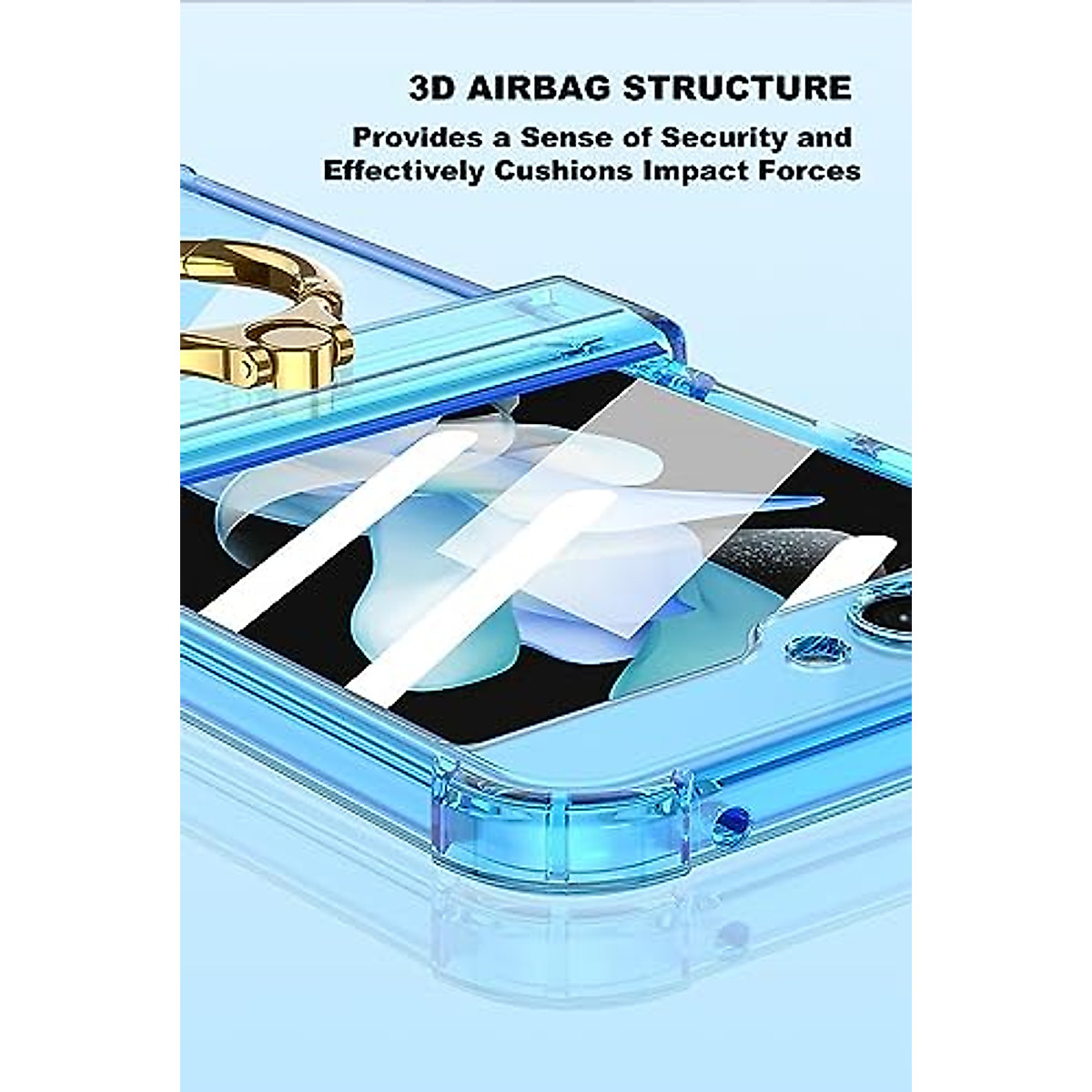 TECHY for Samsung Z Flip 5 Case with Hinge Protection, Galaxy Z Flip 5 Clear Airbag Case with Ring Stand Built-in Screen Protector Protective Cover for Samsung Galaxy Z Flip 5, Clear Blue