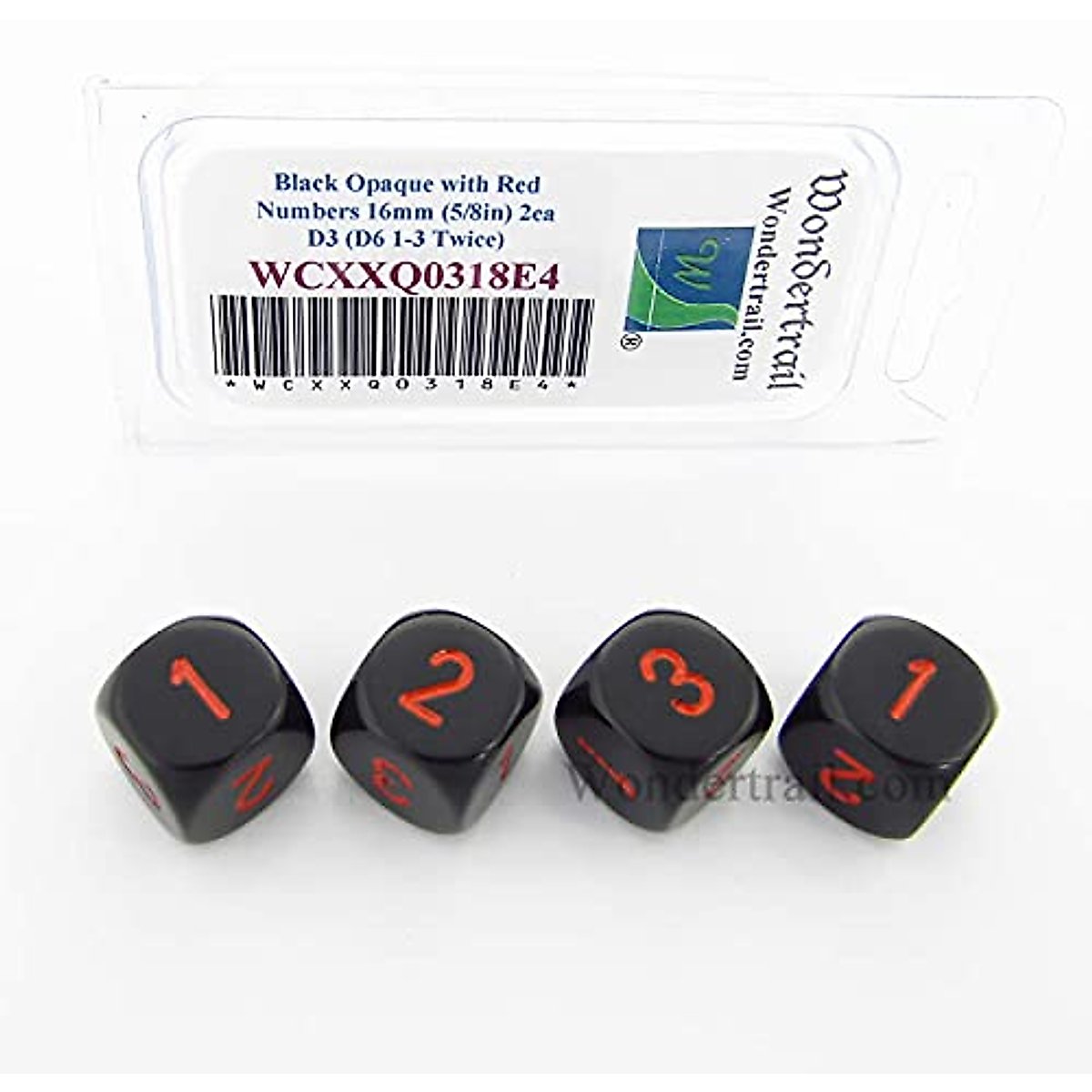 WCXXQ0318E4 Black Opaque Dice with Red Numbers D3 (D6 1-3 Twice) 16mm (5/8in) Pack of 4 Dice Chessex