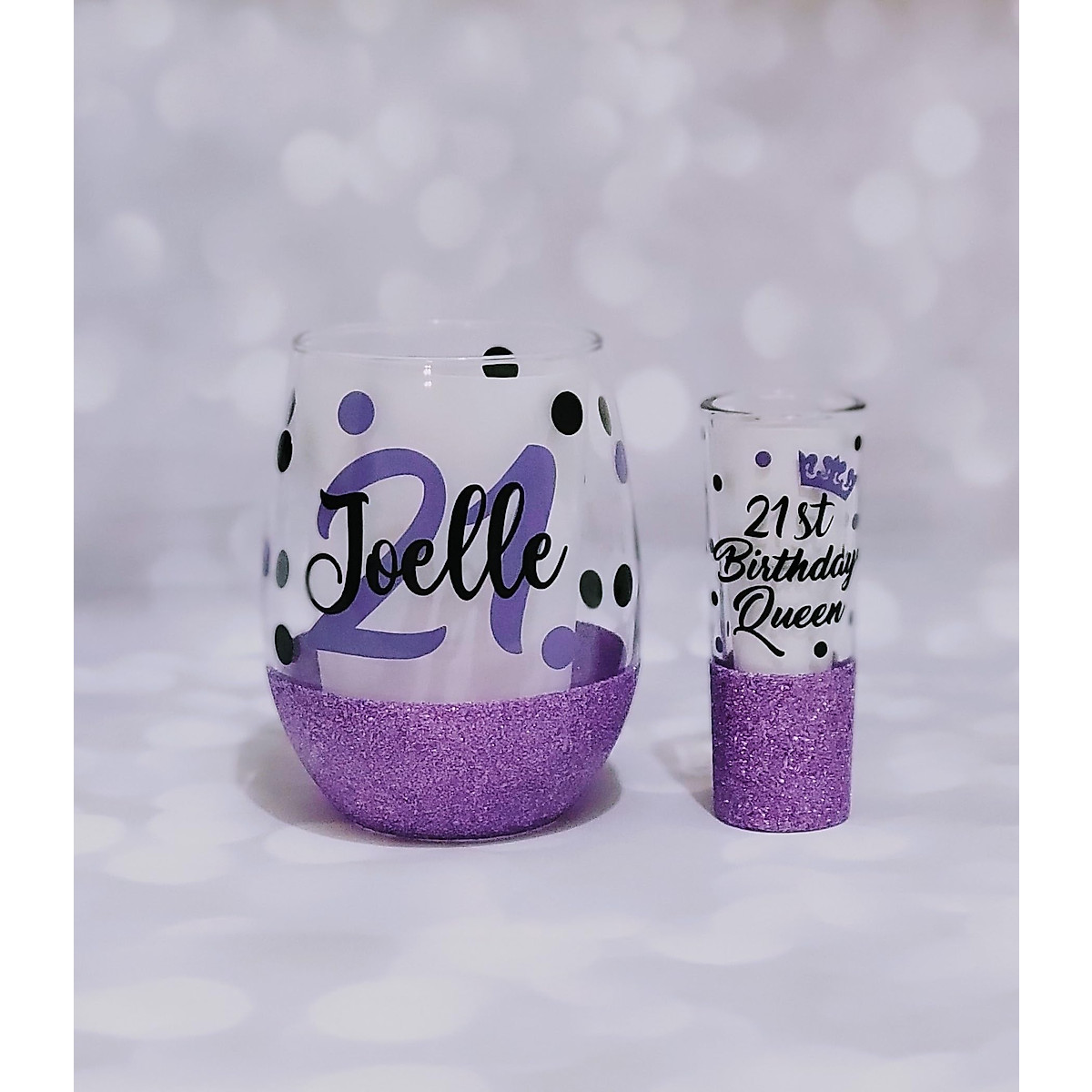 Glitter Birthday Wine Glass, Glitter Birthday Shot Glass, Age + Name (Wine + Shot)