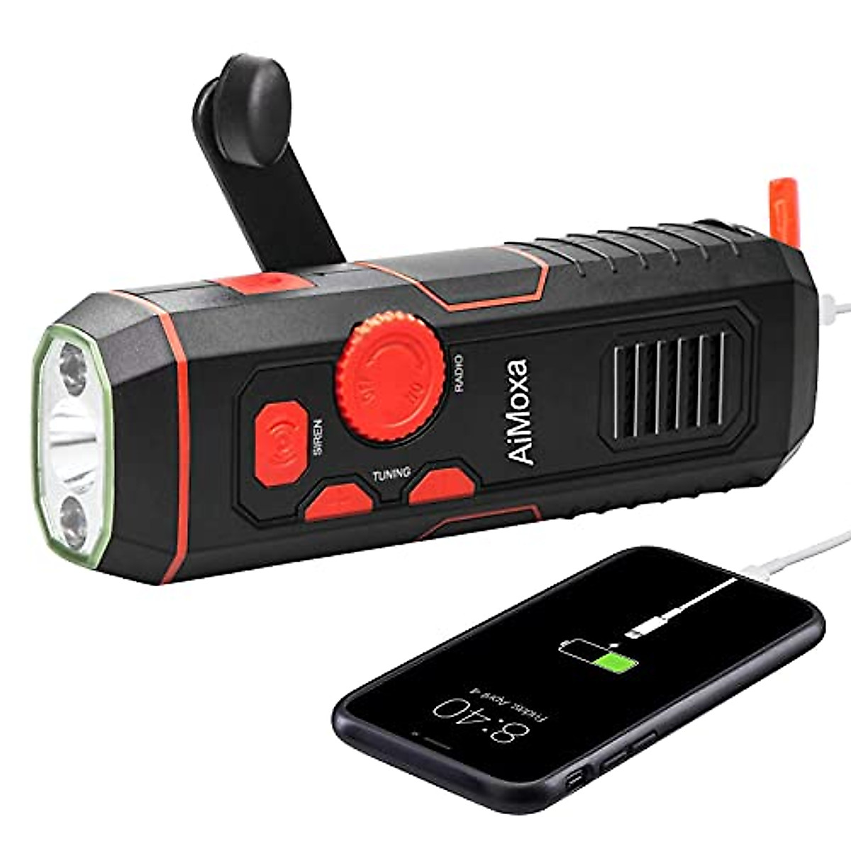 AiMoxa Portable Emergency Radio 【6.1" x 1.9" x 1.3"】, High Lumens Hand Crank Flashlight with Weather Radio, Power Bank for iPhone/Smart Phone, SOS Alarm for Home, Outdoor, Emergency kit