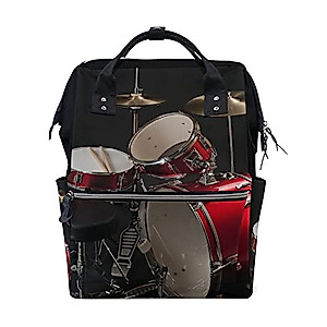 Junior Drum Kit Set in Dark Background Diaper Bag Large Multi-Function Waterproof Travel Bag, Durable Nappy Bag Zipper Casual School Backpack for Mom Dad