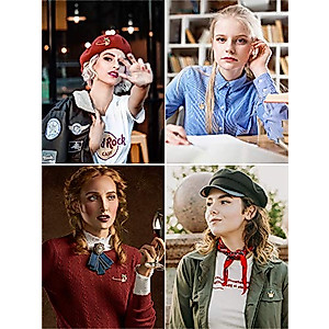 6 Pieces Wool Beret Hat Solid Color French Beanie Hat with Silky Scarf Brooch (Black and Beige)