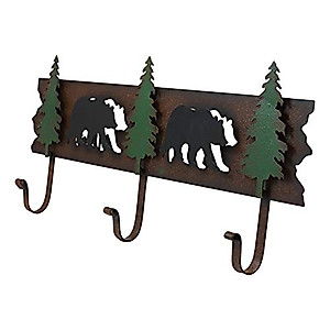 Ebros Western Rustic 2 Roaming Black Bear Silhouettes And 3 Green Pine Trees 3-Peg Cast Iron Wall Hooks 20.25"Wide Hanger 3D Abstract Art Forest Bears Coat Hat Keys Hook Decor Hanging Sculpture Plaque
