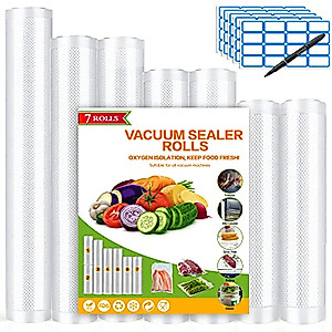 Vacuum Sealer Bags, 7 Rolls Food Storage Bags Rolls with 1 Marker & 80 Labels, BPA Free Commercial Grade Food Seal Bag for Microwave, Sous Vide, Freezer Food Storage - 6 Inch | 8 Inch | 10 Inch | 11 Inch Width (10 Feet Length)
