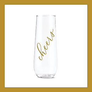 TOSSWARE POP 9oz Flute Classic Cheers Series - Color, SET OF 6, Premium Quality, Recyclable, Unbreakable & Crystal Clear Plastic Printed Champagne Glasses