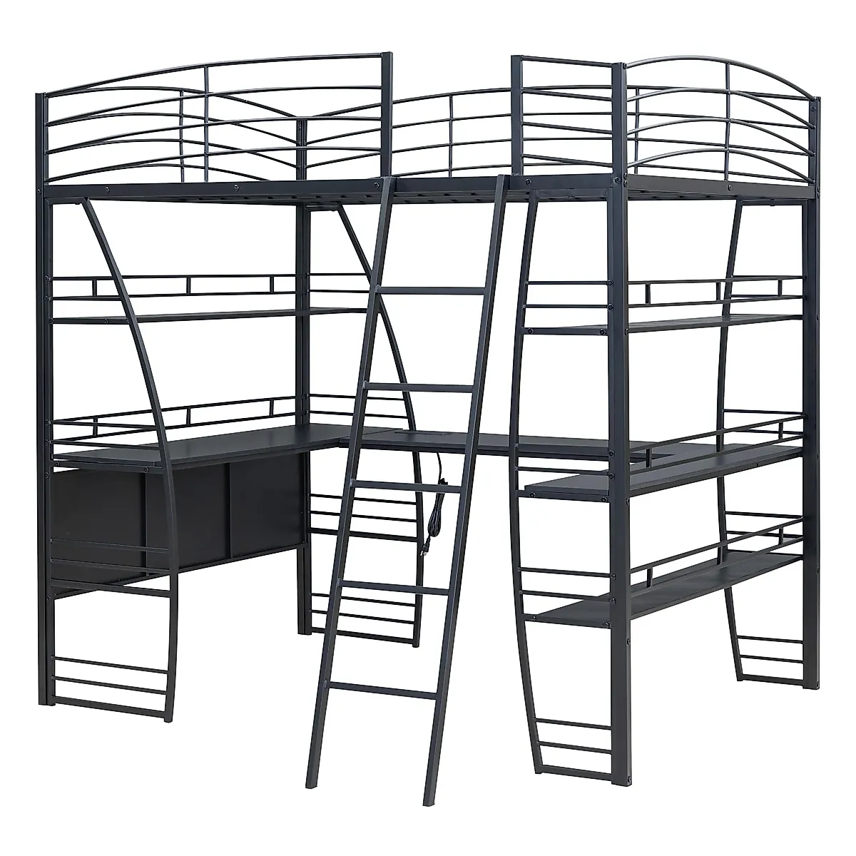 Full Size Metal Loft Bed with Desk and Bookcase, Modern Style Heavy-Duty Steel Frame Bunk Bed with Sockets, USB Ports and Wireless Charging (Full, Black)