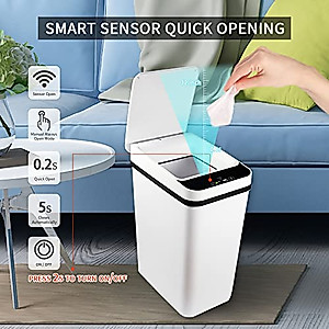 TemphytBong White Automatic Touchless Narrow Covered Bathroom Trash Can with Lids 2.5 Gallon Slim Motion Sensor Trash Can for Kitchen Bedroom Office Toilet Rechargeable Plastic Lidded Garbage Can