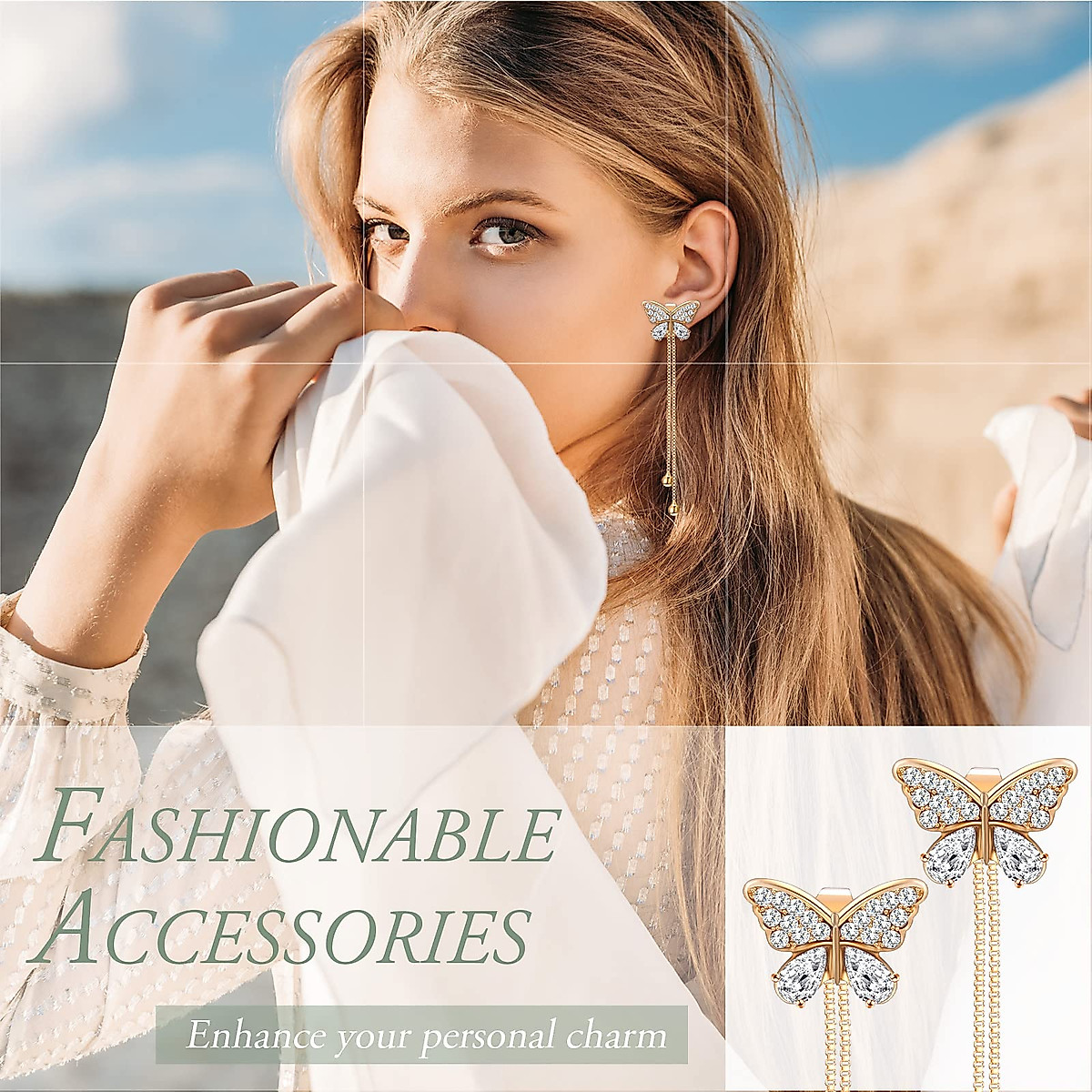 6 Pairs Butterfly Cuff Tassel Chain Earrings Cute Butterfly Stud Drop Dangle Earrings Long Crystal Butterfly Earrings Jewelry Butterfly Purple Rhinestones Statement Charm for Women Girl (Silver, Gold)