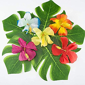 Sharlity Luau Gold Table Skirts for Hawaiian Party Decorations, Luau Party Supplies with 9ft Tropical Raffia Grass Table Skirt, Tiki Palm Leaves and Hibiscus Flowers (1 Pack)