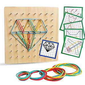 Wooden Geoboard with Rubber Bands Graphical Math Pattern Blocks Geo Board - Montessori Educational Toy for Kids with Pattern Cards and Rubber Bands Create Figures Shape STEM Puzzle Matrix Brain Teaser