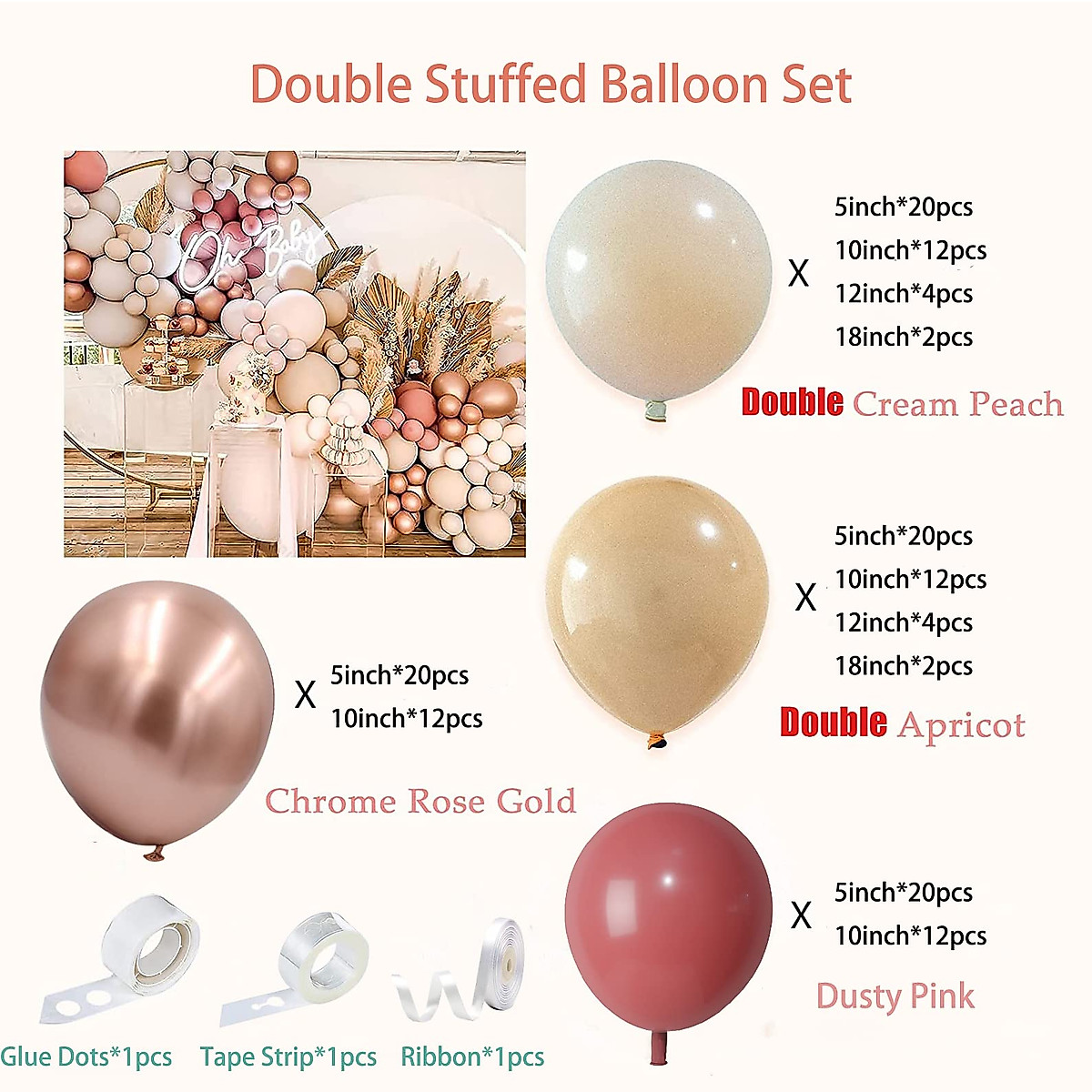 Boho Balloons Garland Arch Kit - Double Stuffed Dusty Rose Pink Rose Gold Cream Peach Apricot Latex Balloon Different Sizes 18 12 10 5In Neutral Ballon for Baby Shower Gender Reveal Party