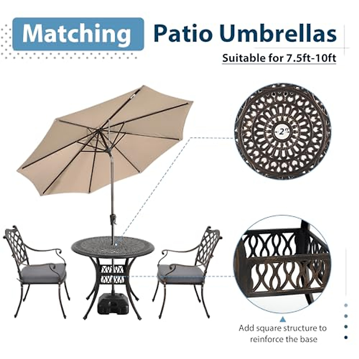 JOIVI 3 Piece Patio Furniture Dining Set, Cast Aluminum Outdoor Dining Chairs and Table Set with Umbrella Hole, Stackable Chairs, Antique Bronze Patio Bistro Set for Balcony, Lawn, Garden, Backyard
