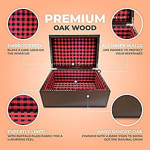 Large Oak Wooden Keepsake Box - Storage Box Lined with Buffalo Plaid - Wooden boxes with Hinged Lid - Decorative Box for Home Jewelry Baby (Hinge Box)