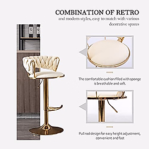 Kiztir Velvet Swivel Bar Stools Set of 2, Adjustable Counter Height Bar Chairs with Woven Back & Footrest, Luxury Gold Bar Stools for Kitchen Island, Cafe, Pub (Cream)