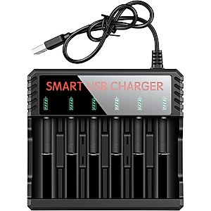 Tokeyla 6 Bay 18650 Battery Charger, Universal Wall Charger for 3.7v Lithium Rechargeable Batteries, 4.2V 1% Output, 6 Independent Charging Channels, Safety Protection, USB 10V Input