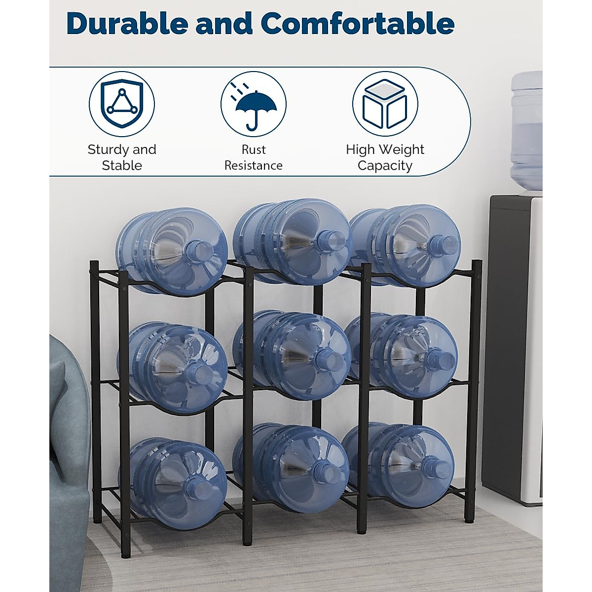 mocomax 5 Gallon Water Jug Rack, Detachable Water Bottle Holder for 9 Bottles, 3 Tier Heavy Duty Water Cooler Jug Rack, Water Bottle Organizer Storage Rack for Kitchen, Office, Living Room, Black