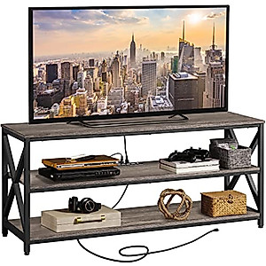 Yaheetech Industrial TV Stand with 3-Tier Storage Shelves, 55" TV Cabinet with Power Outlets for Living Room, Media Entertainment Center TV Console with Charging Station, Metal Frame, Taupe Wood