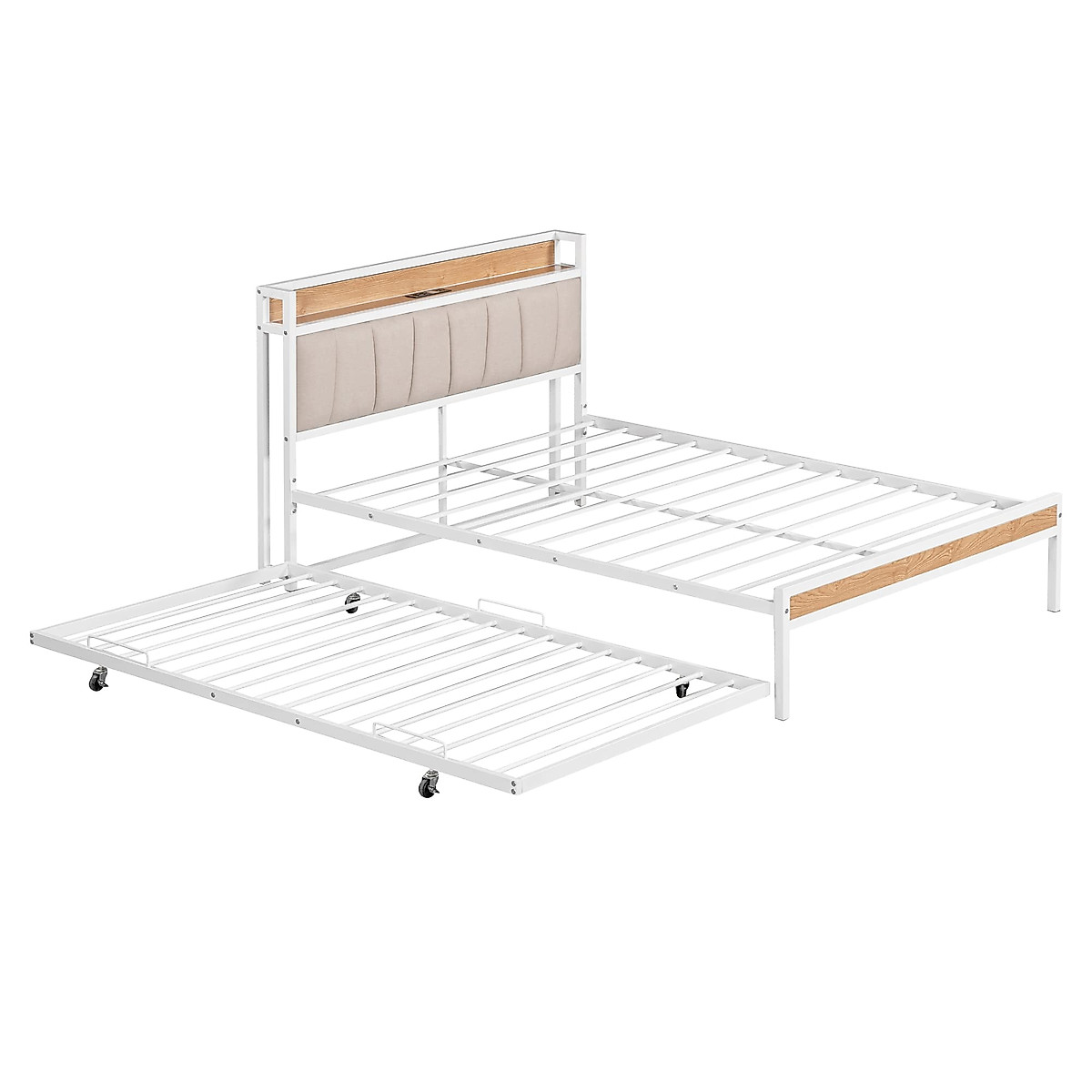 Full Size Platform Bed with Trundle, Metal Full Platform Bed Frame with Upholstered Headboard, Sockets, USB Ports and Slat Support, No Box Spring Needed, White