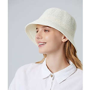 MEINICY Women Mesh Bucket Hat Woven Beach Hat Straw Sun Hat Foldable Packable Solid Fishing Hat for Summer Spring Fall (Ivory White)