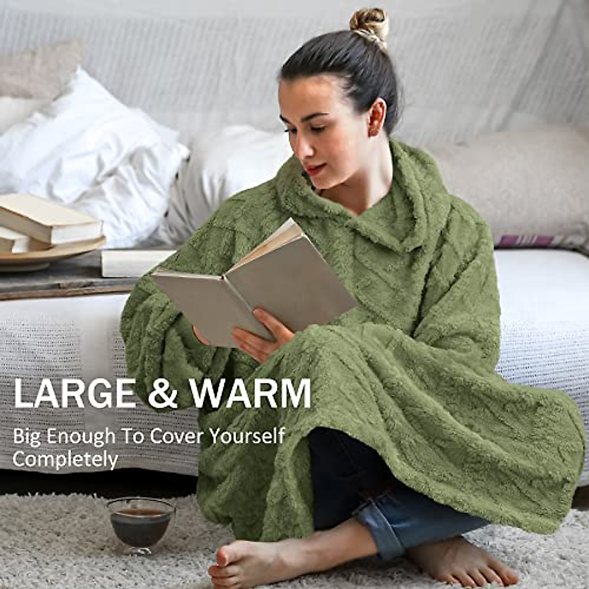 MIZZEO Oversized Wearable Blanket One Size Fits All, Super Warm and Cozy Flannel Hoodie Blanket for Women Men (Green)