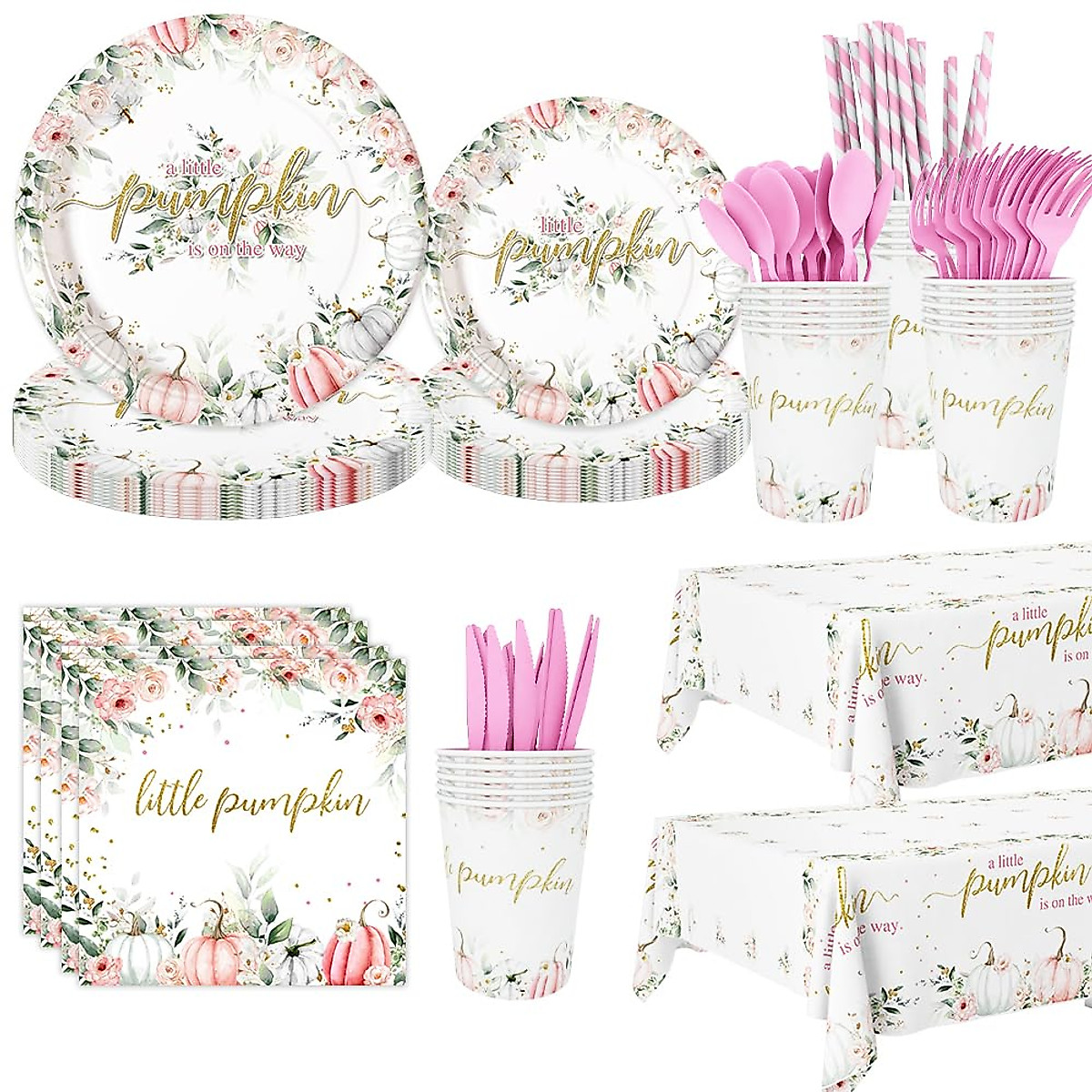 AIBIIN 192PCS Pumpkin Baby Shower Party Supplies Decorations for Girl Pink Little Pumpkin Baby Shower Disposable Tableware Set with Plates Napkins and Tablecloth Serves 24 Guests