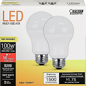Feit Electric A19 LED Light Bulbs, 100W Equivalent, Non Dimmable, 1600 Lumens, E26 Standard Base, 2700k Soft White, 80 CRI, 10 Year Lifetime, Energy Efficient, 2 Pack, A1600/827/10KLED/2