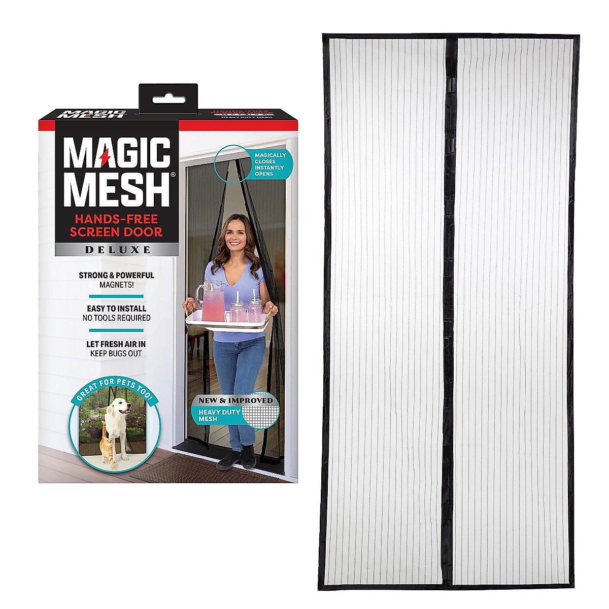 Magic Mesh Deluxe- Black- Hands Free Magnetic Screen Door, Mesh Curtain Keeps Bugs Out, Frame Hook & Loop, Hands Free, Pet & Kid Friendly- Fits Doors up to 39 x 83 Inches