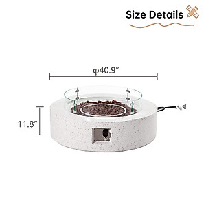 HOMPUS Propane Patio Fire Pit Table with Wind Guard, Lava Rocks and Rain Cover for Outdoor Leisure Party, 50,000 BTU 42-inch Round White Sandstone Concrete Fire Table