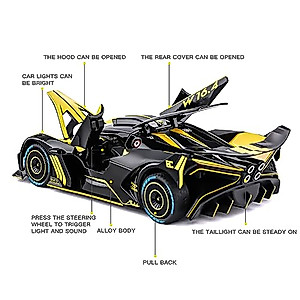 Toy Car Model for Bugatti Compatible with 1:24 Bugatti Bolide Alloy Diecast Car Toy with Lights and Music, Pull Back Car Toys for Kids Boys Girls Gift (Yellow)