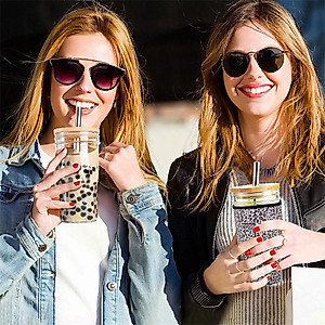 SYOUACEND 2 Pack Glass Cups with Lids and Straws, 24oz Glass Tumbler with Sleeves Reusable, Mason Jar Drinking Glasses Iced Coffee Cup Wide Mouth Glass Bottle for Bubble Tea, with 2 Cleaning Brush