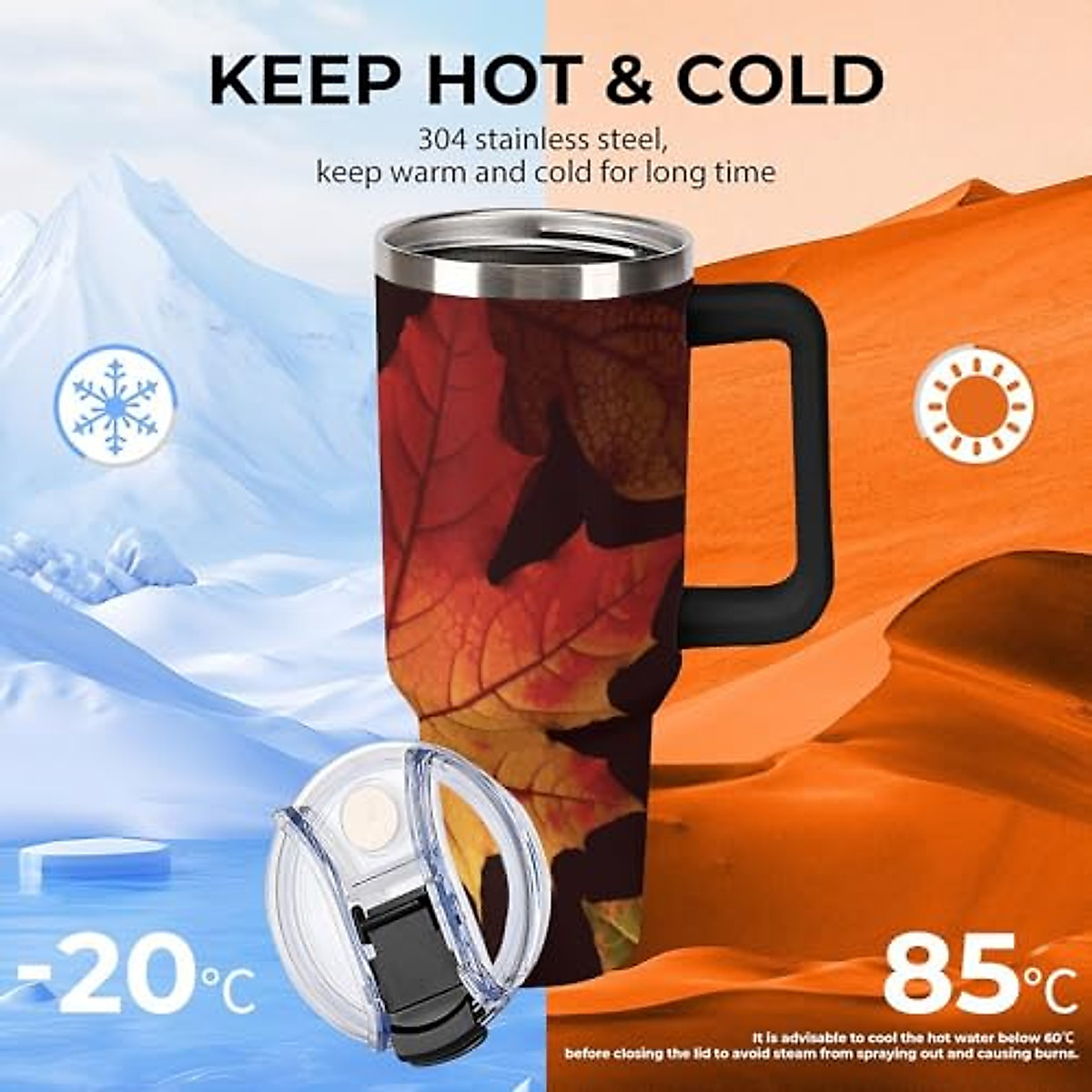 LLUTSNTH 40 Oz Vacuum Tumbler with Black Handle Leakproof Insulated Tumbler Fall Autumn Leaves Stainless Steel Travel Mug with Lid And Straw Coffee Cup Cute Water Bottles Cup Holder Friendly