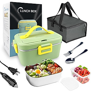 Electric Lunch Box,Fast 75W Food Heater,12V/24V/110V Portable Self Heating for Car Truck Home,1.8L Large-Capacity,304 Stainless Steel Container,0.45L Compartment,Fork Spoon,Carry Bag (green)