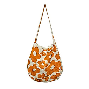 Women Aesthetics Crossbody Bag Crochet Fairycore Flower Bag Y2K Trendy Shopping Bag Knitted Tote Shoulder Bag (Orange)